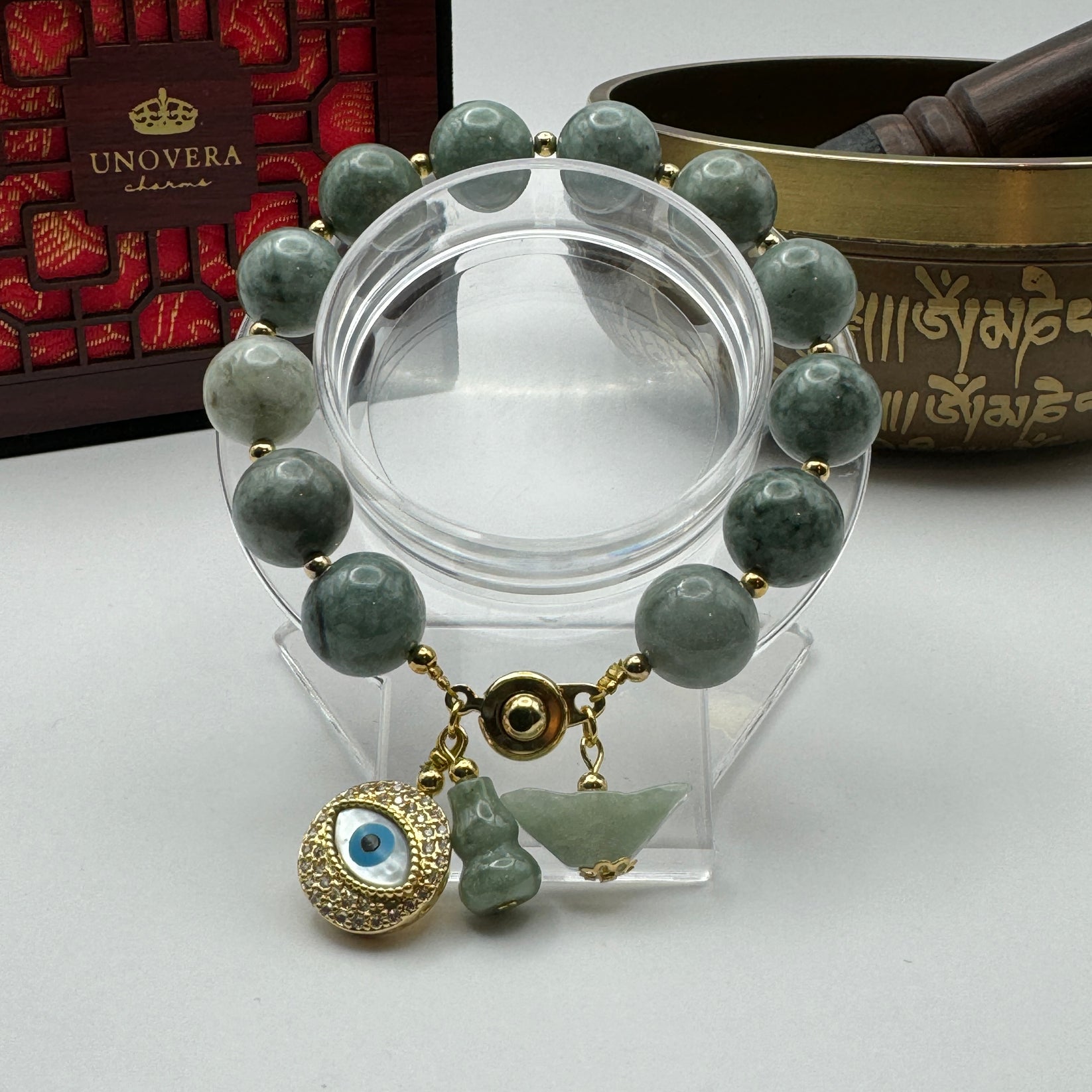 13mm Premium Burmese Jade with 3 Charms - For Good Luck, Prosperity, G ...